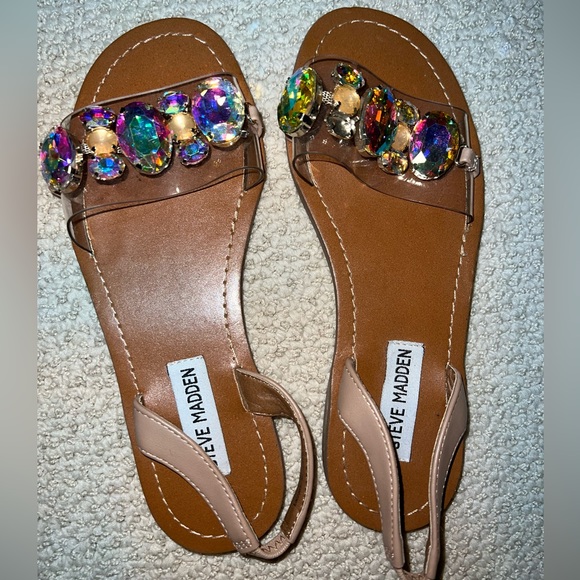 Steve Madden | Shoes | Steve Madden Tan Sandals With Iridescent Chunky Stud Jewel Embellishments ...